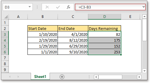 Excel Formula Calculate Days Remaining Between Two Dates
