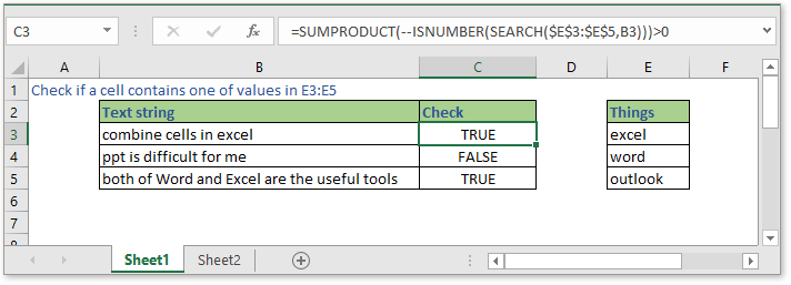 Excel Formula: Check if cell contains one of many things