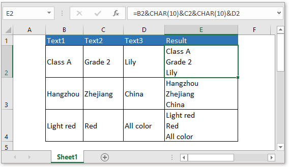 Excel Formula: Combine cells with line break