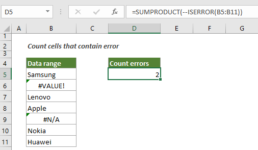 Count how many cells contain errors in a range in Excel