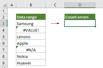 Count how many cells contain errors in a range in Excel