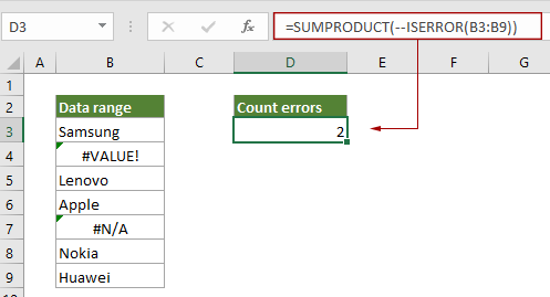 Count how many cells contain errors in a range in Excel
