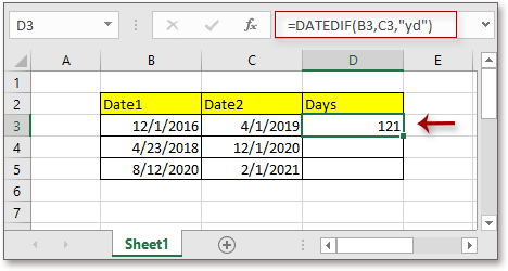 Excel Formula: Count Days Between Two Dates Ignore Year