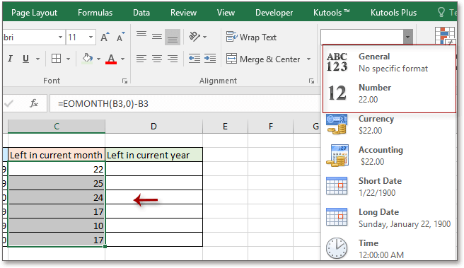 Excel Formula: Count Days Left in Year or Month