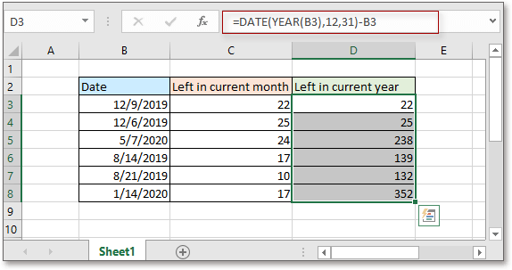 Excel Formula: Count Days Left in Year or Month