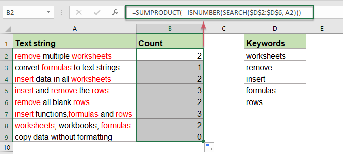 Count keywords cell contains based on a list