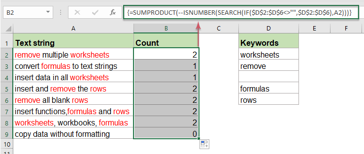 Count keywords cell contains based on a list