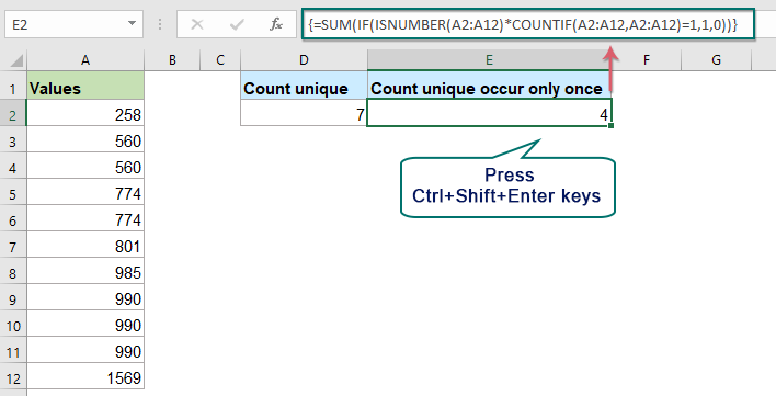 Count unique numeric values or dates in a column