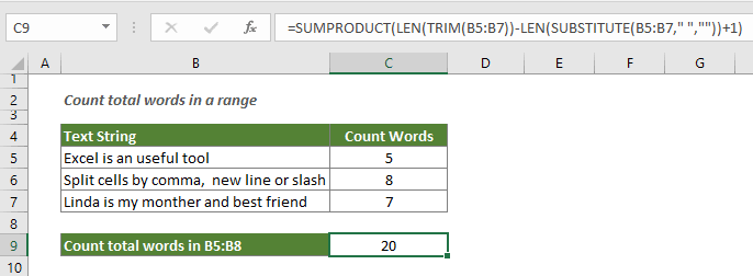 Count total words in a range of cells