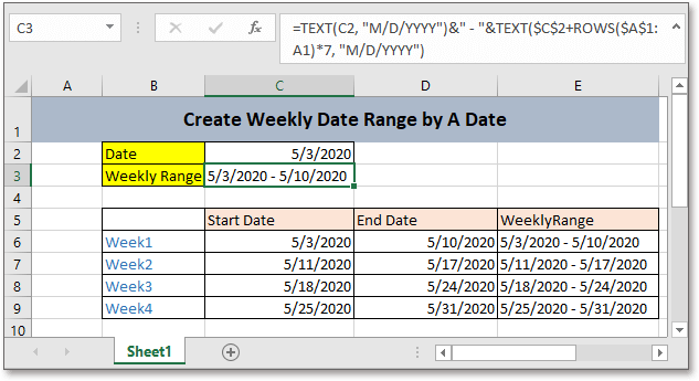 Excel Formula Create Weekly Date Range