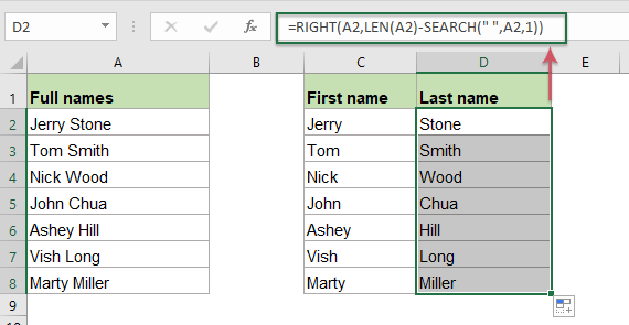 Extract first middle and last names from full name in Excel