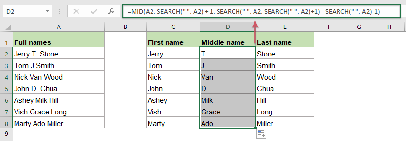 Extract first middle and last names from full name in Excel