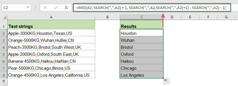 Extract text between first and second comma from text strings