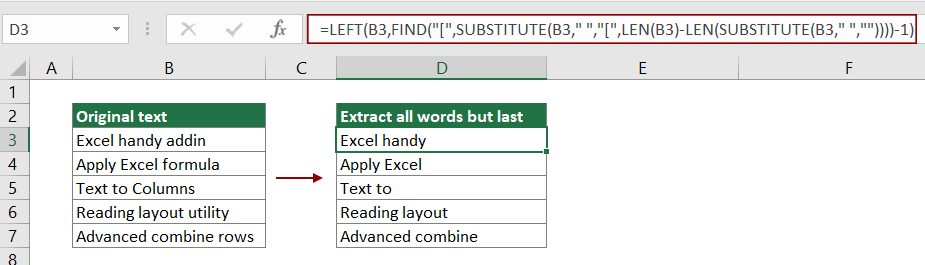 Extract all words but first or last from a cell in Excel