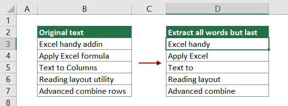 Extract all words but first or last from a cell in Excel