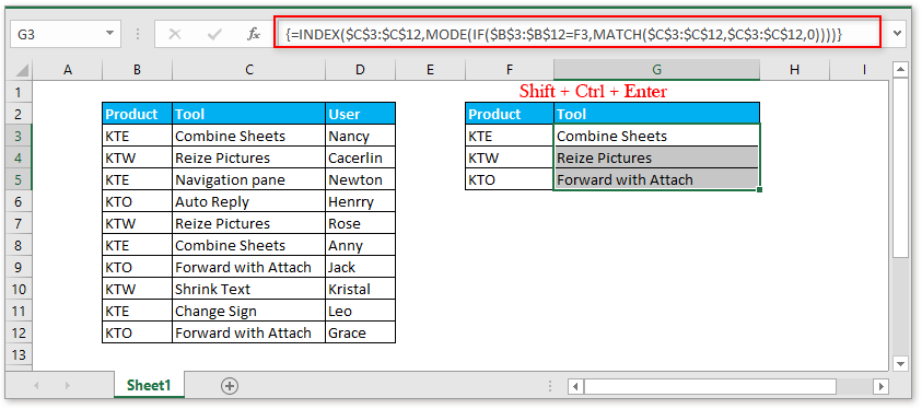Excel Formula: Find most frequent text with criteria