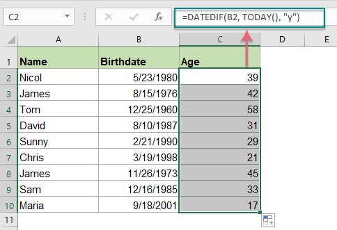 Excel get or calculate age from birth date