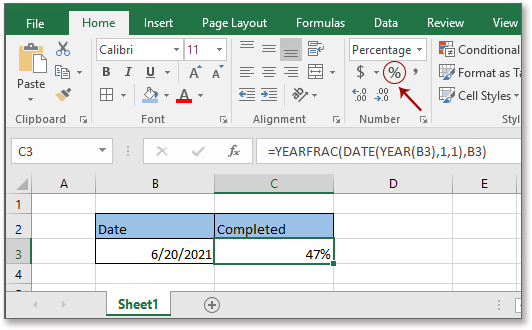 Excel Formula: Get Percentage of Year Completed or Remained