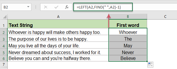 Get or extract the first word from text string in Excel