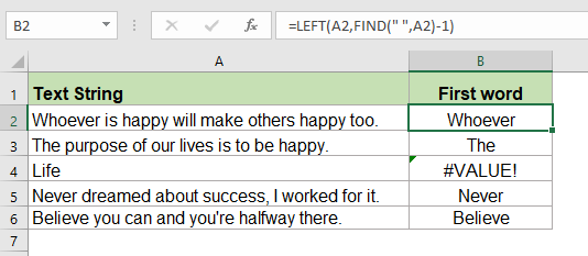 Get or extract the first word from text string in Excel