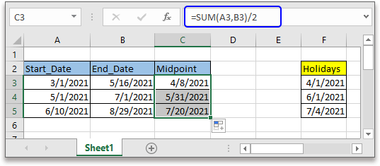 Excel Formula: Get Midpoint of Two Dates