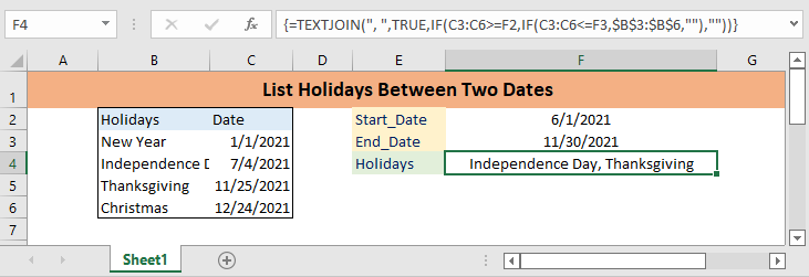 Excel Formula: List Holidays Between Two Dates