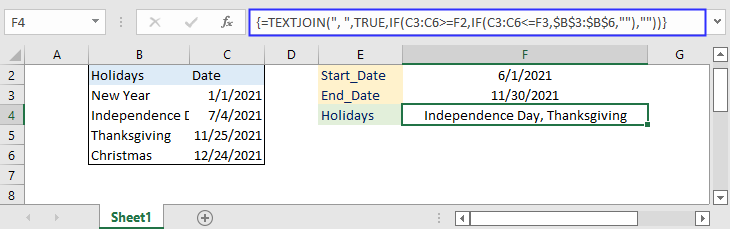 Excel Formula: List Holidays Between Two Dates