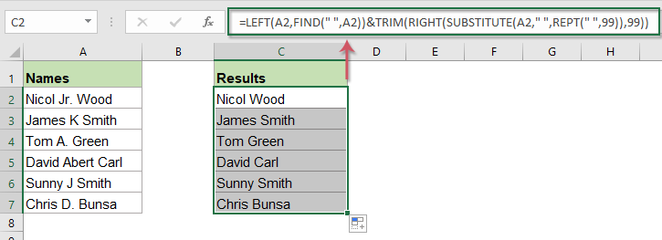 Remove middle initial from full name in Excel