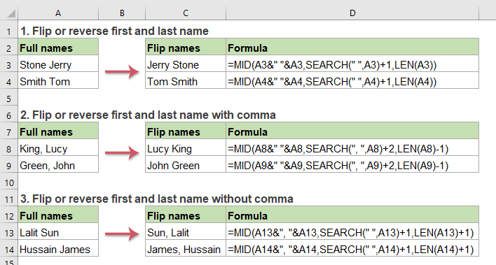 Flip Or Reverse First And Last Names In Excel List