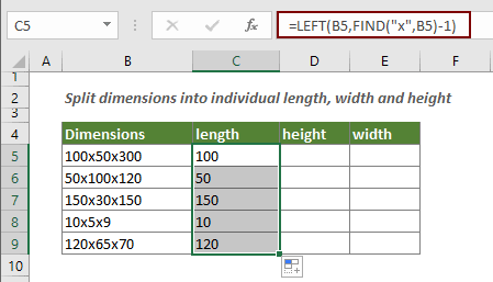 Split dimensions into individual length, height and width