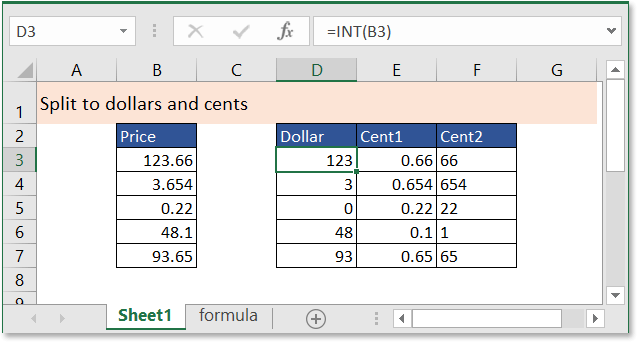 Excel Formula: Split dollars and cents