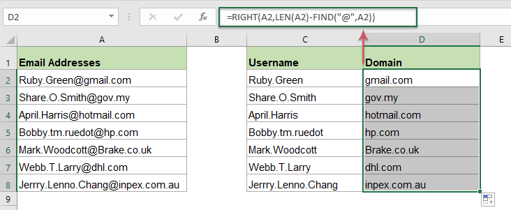 Separate Email addresses to usernames and domains in Excel