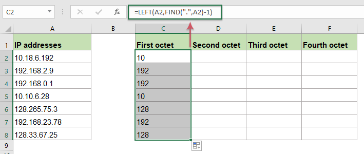 Separate octets of IP address in Excel