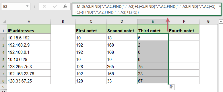 Separate octets of IP address in Excel