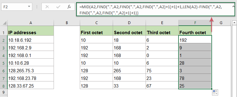 Separate octets of IP address in Excel
