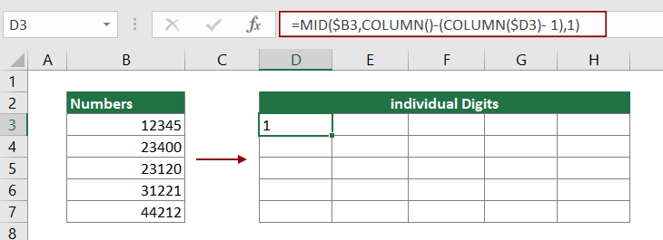 Split number into individual digits in Excel