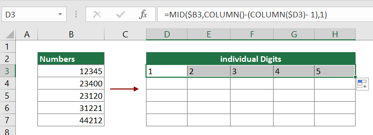 Split number into individual digits in Excel