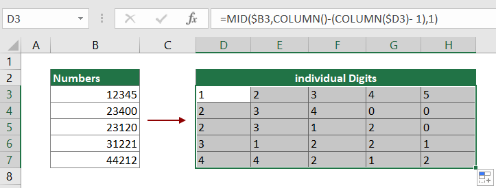 Split number into individual digits in Excel