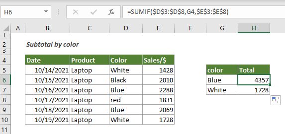Subtotal by colors in Excel