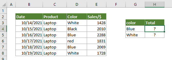 Subtotal by colors in Excel