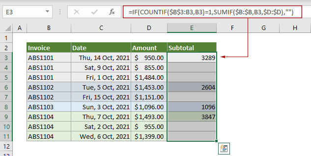 Get subtotal by invoice number in Excel