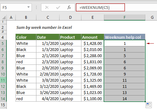 Sum values by weeknum or weekday in Excel