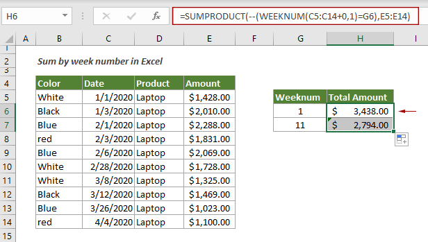 Sum values by weeknum or weekday in Excel
