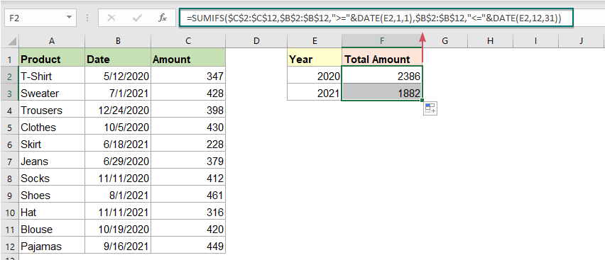 Sum values by year in Excel