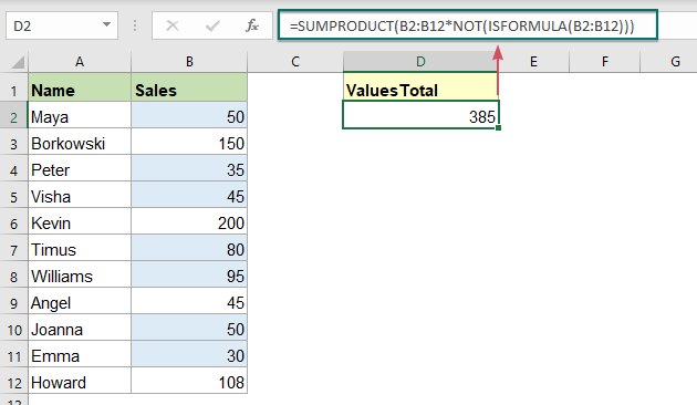 Sum only cells containing formulas in Excel