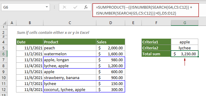 Sum if cells contain or equal to either x or y in Excel