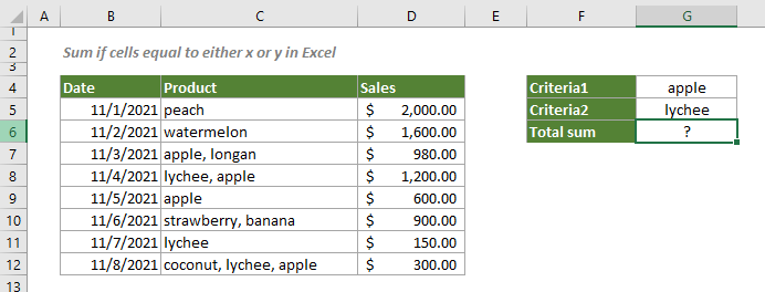 Sum if cells contain or equal to either x or y in Excel