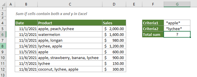 Sum if cells contain both x and y in Excel