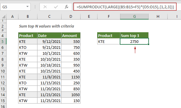 Excel에서 기준이 있는 상위 N개 값 또는 상위 N개 값 합계