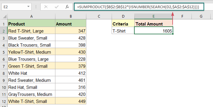 Sum if cells contain specific text in another column
